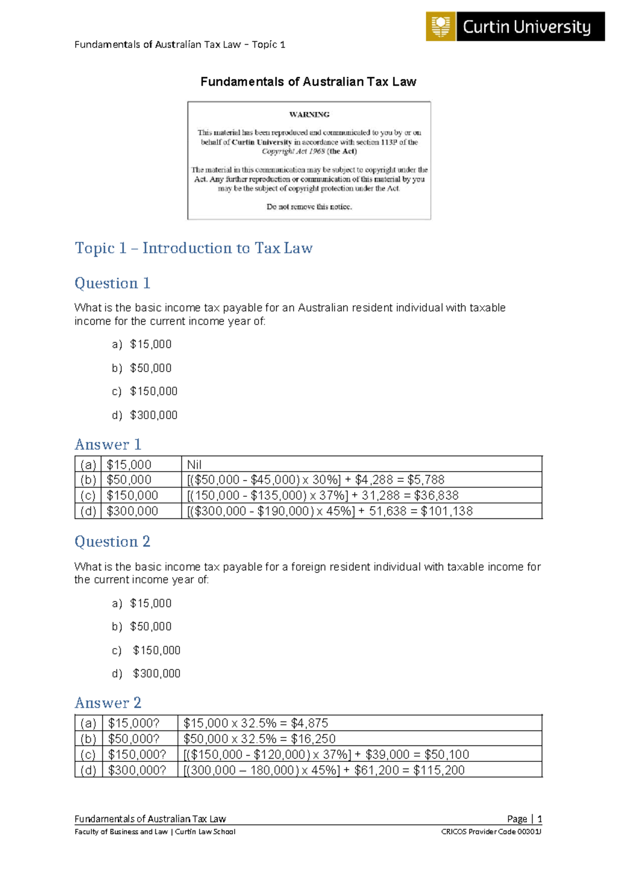 Fundamentals of Australian Tax Law Topic 1: Key Concepts and Questions ...