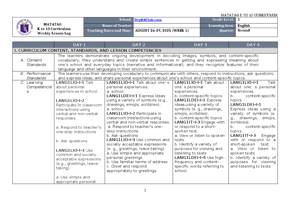 DLL - Matatag Language 1 - Weekly Lesson Log (Q2 W1) - Studocu