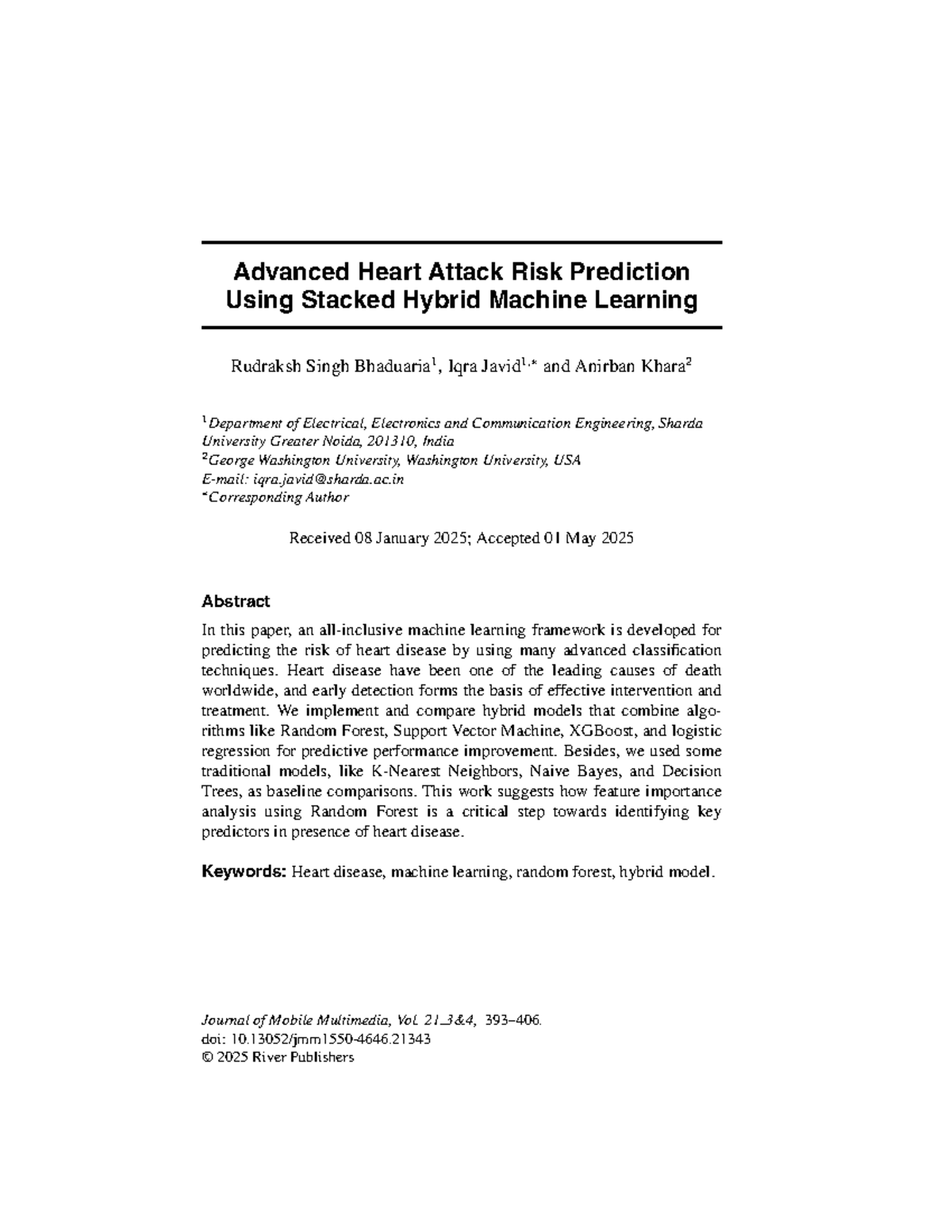 Advanced Heart Attack Risk Prediction: Stacked Hybrid ML Techniques ...