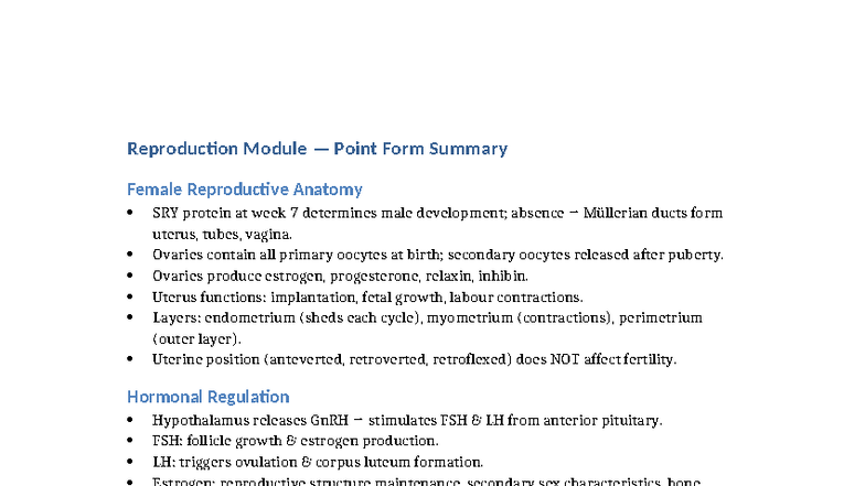 Reproduction Module: Female Anatomy & Hormonal Regulation Summary - Studocu