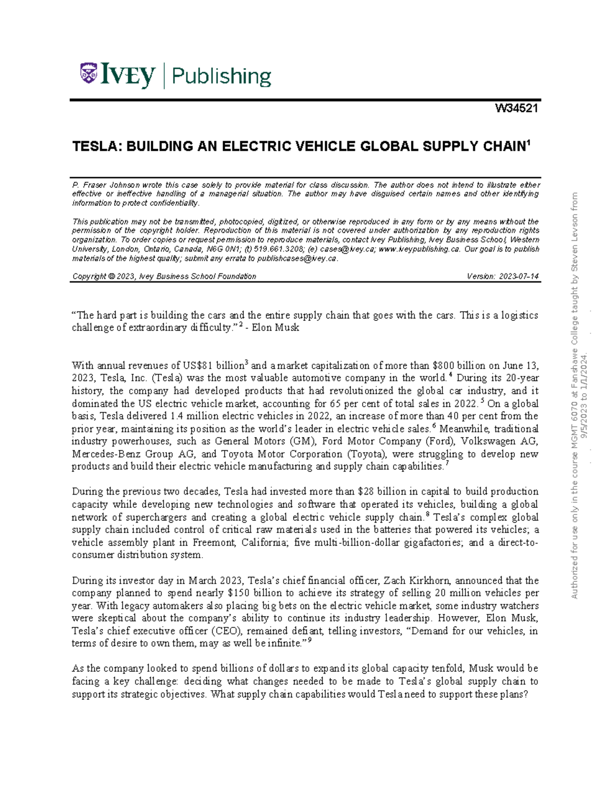 MGMT 6070 Case Study: Tesla's Electric Vehicle Supply Chain Strategy ...