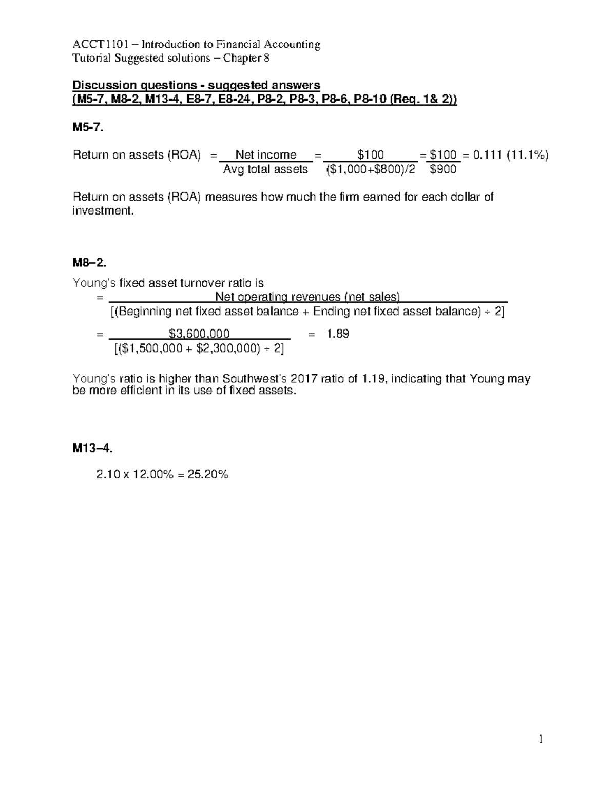 ACCT1101 Tutorial Solutions for Chapter 8 - Key Topics & Answers - Studocu