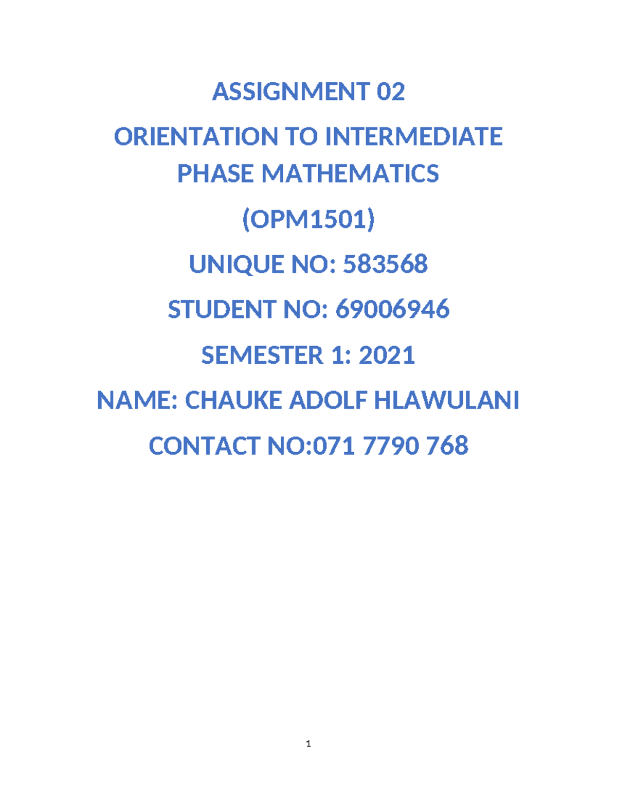OPM1501 Assignment 02: Strategies in Intermediate Phase Mathematics ...