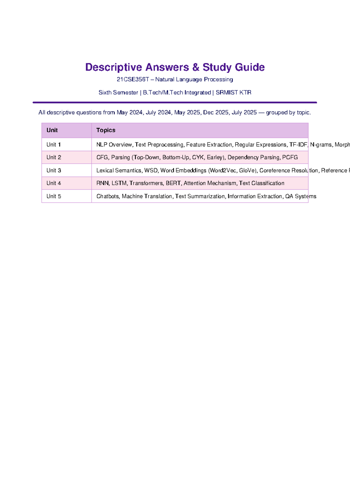 Descriptive Answers Study Guide 21CSE356T: NLP Overview and Key Topics ...