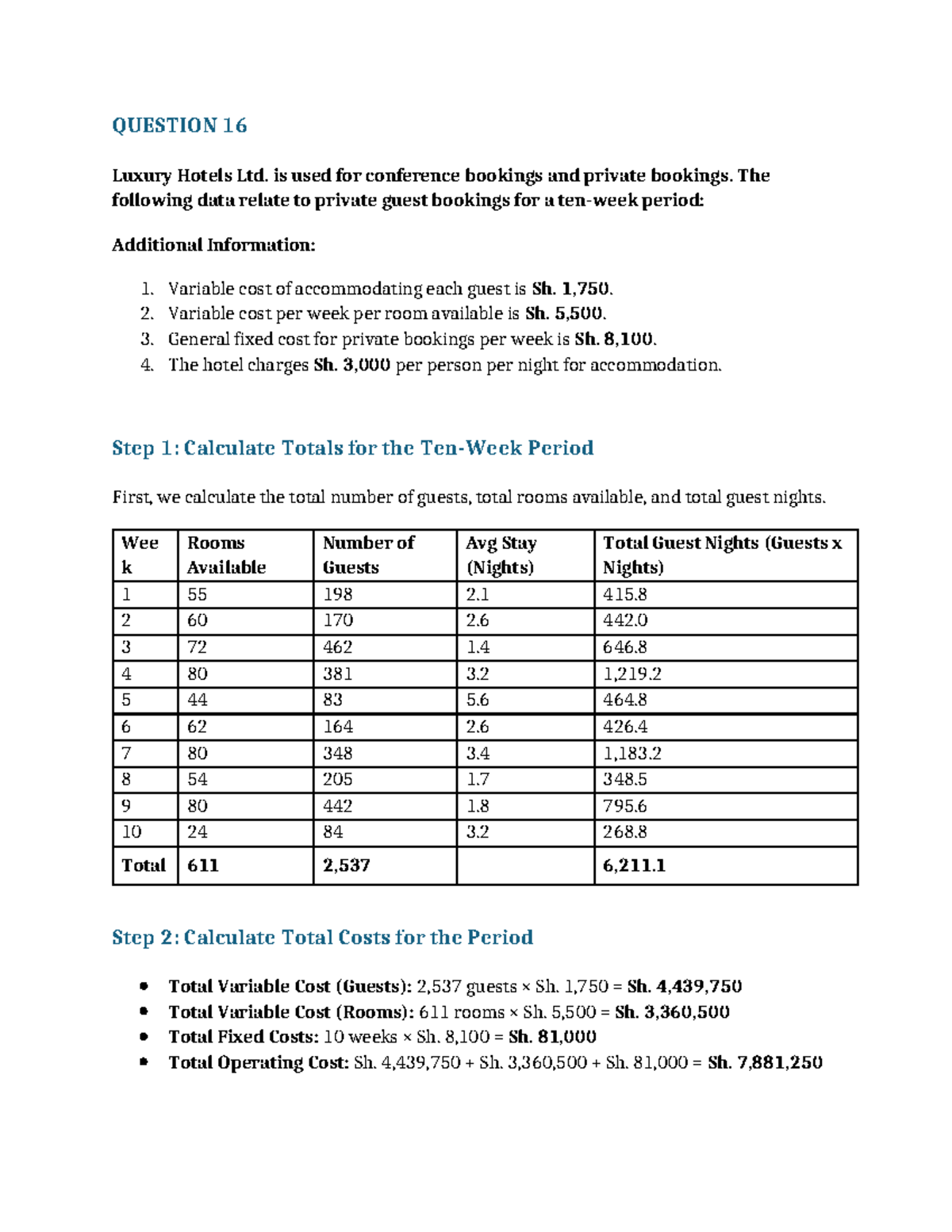 Topic 2 Quiz 16 - Luxury Hotels Ltd. Cost Analysis - Studocu