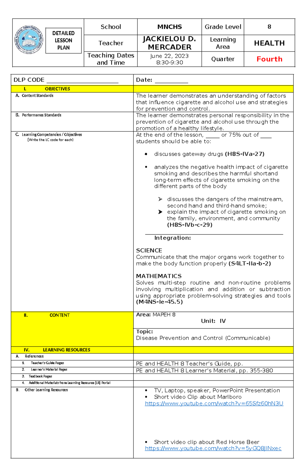 DLP.Demo G8 - Health Lesson Plan on Disease Prevention and Control ...