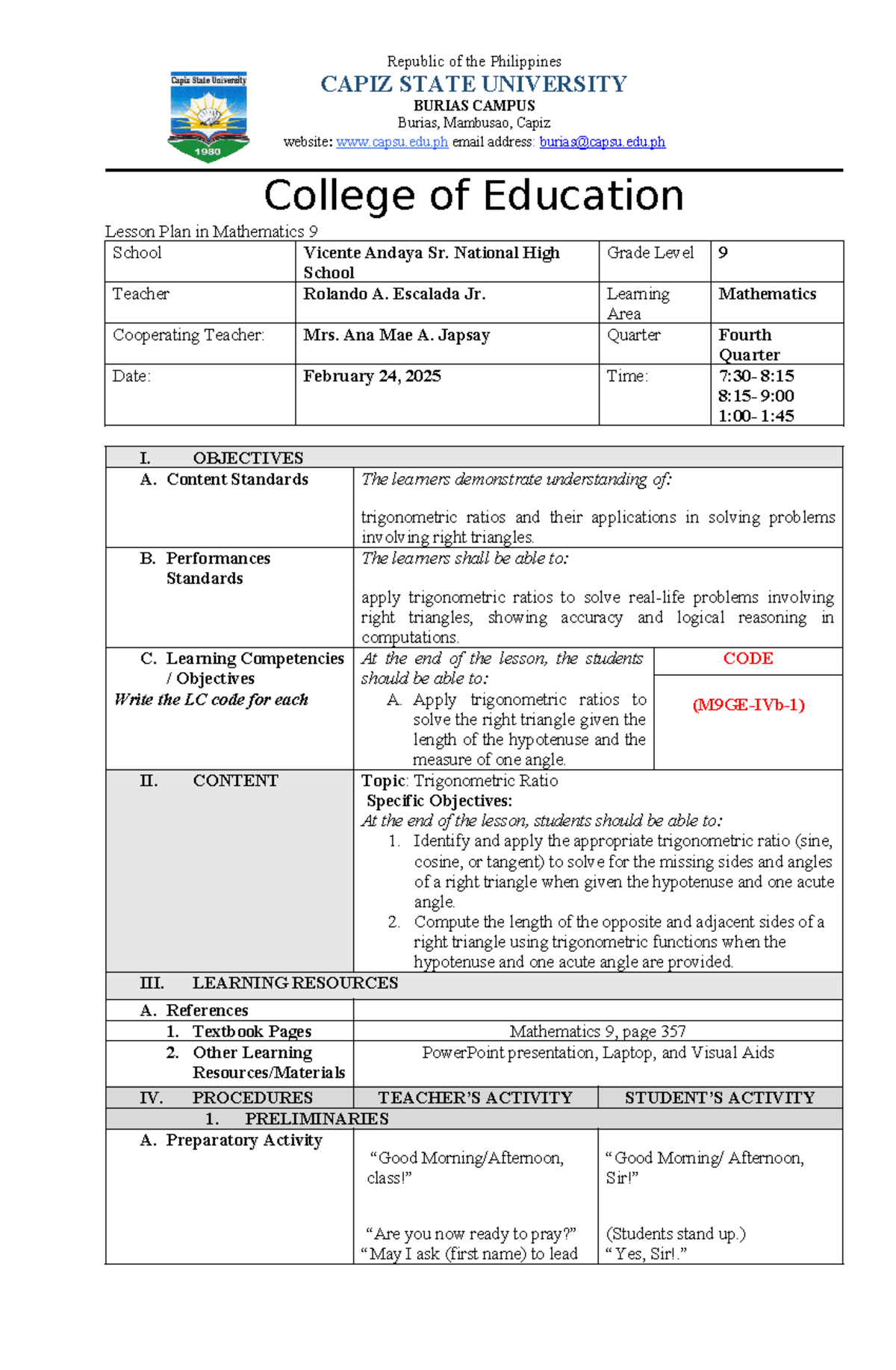 Mathematics 9 Lesson Plan: Applying Trigonometric Ratios in Right ...