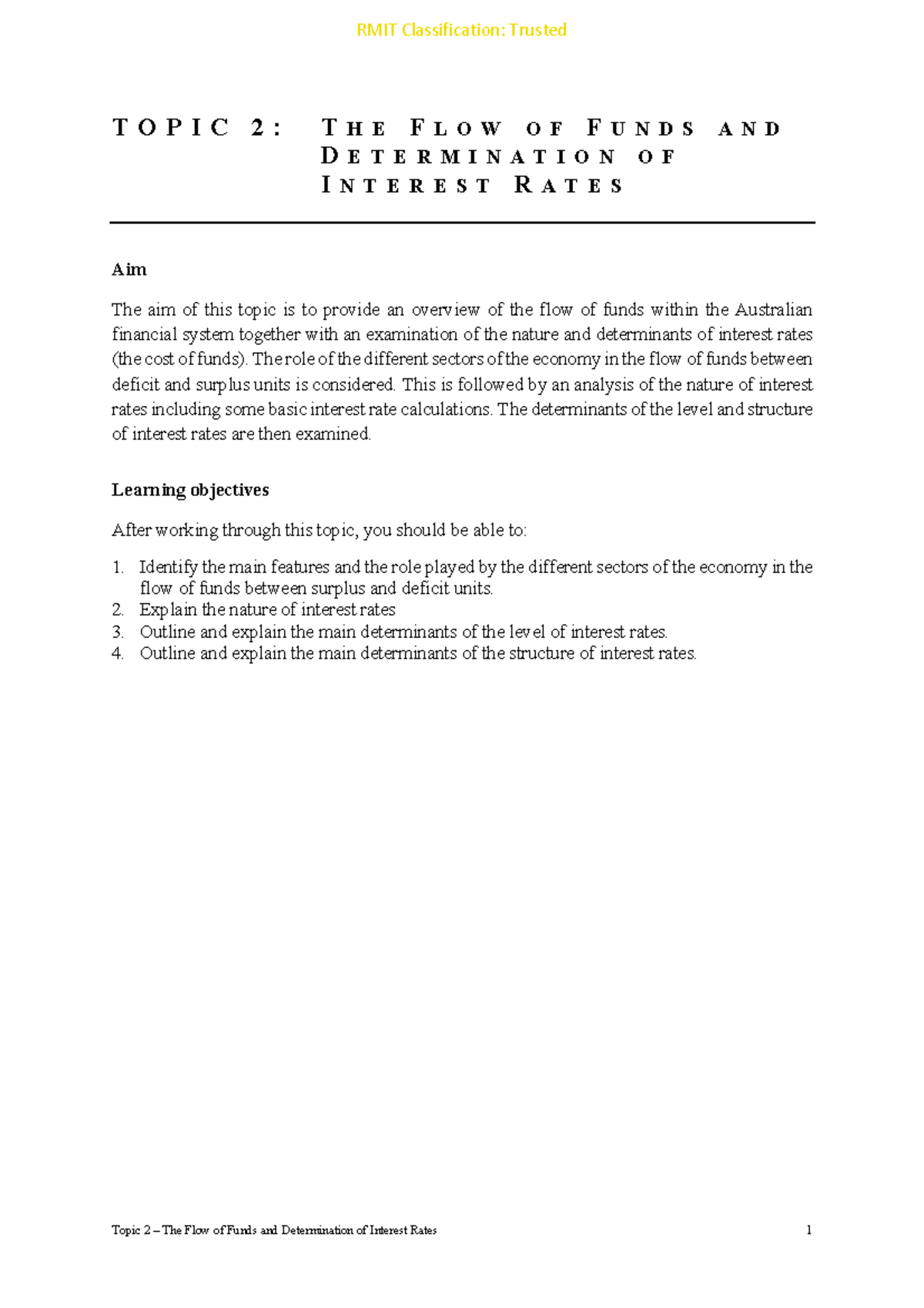 RMIT Topic 2: Flow of Funds & Interest Rates Overview Notes - Studocu