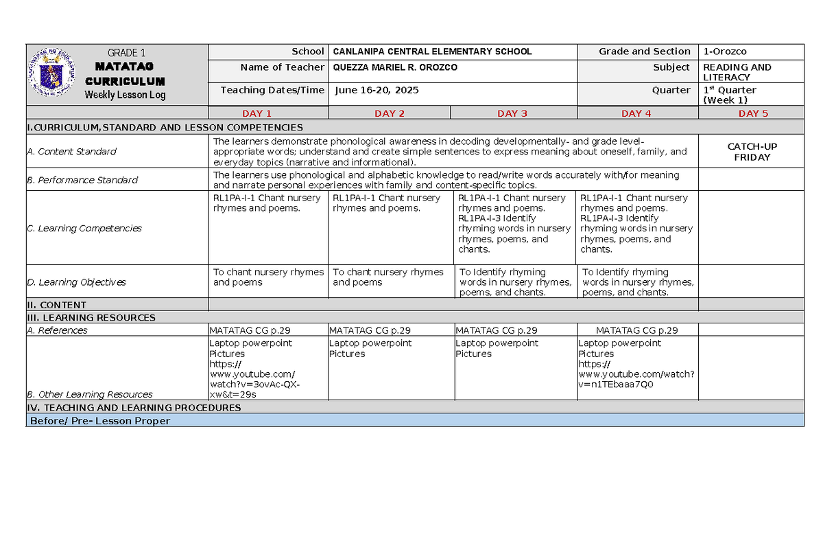 GRADE 1 MATATAG CURRICULUM Weekly Lesson Log for Reading & Literacy ...