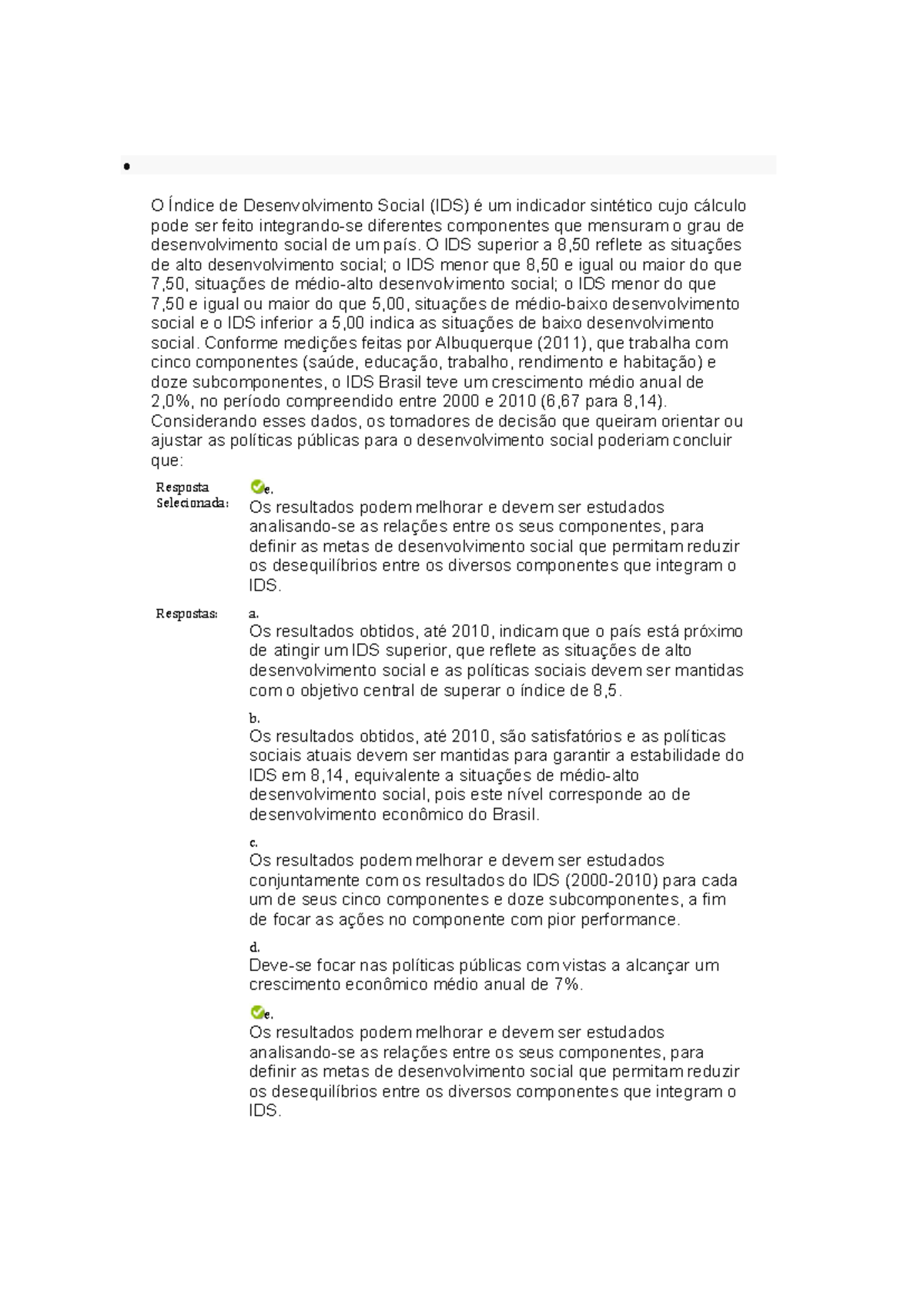 Questionário sobre o Índice de Desenvolvimento Social (IDS) e Políticas ...