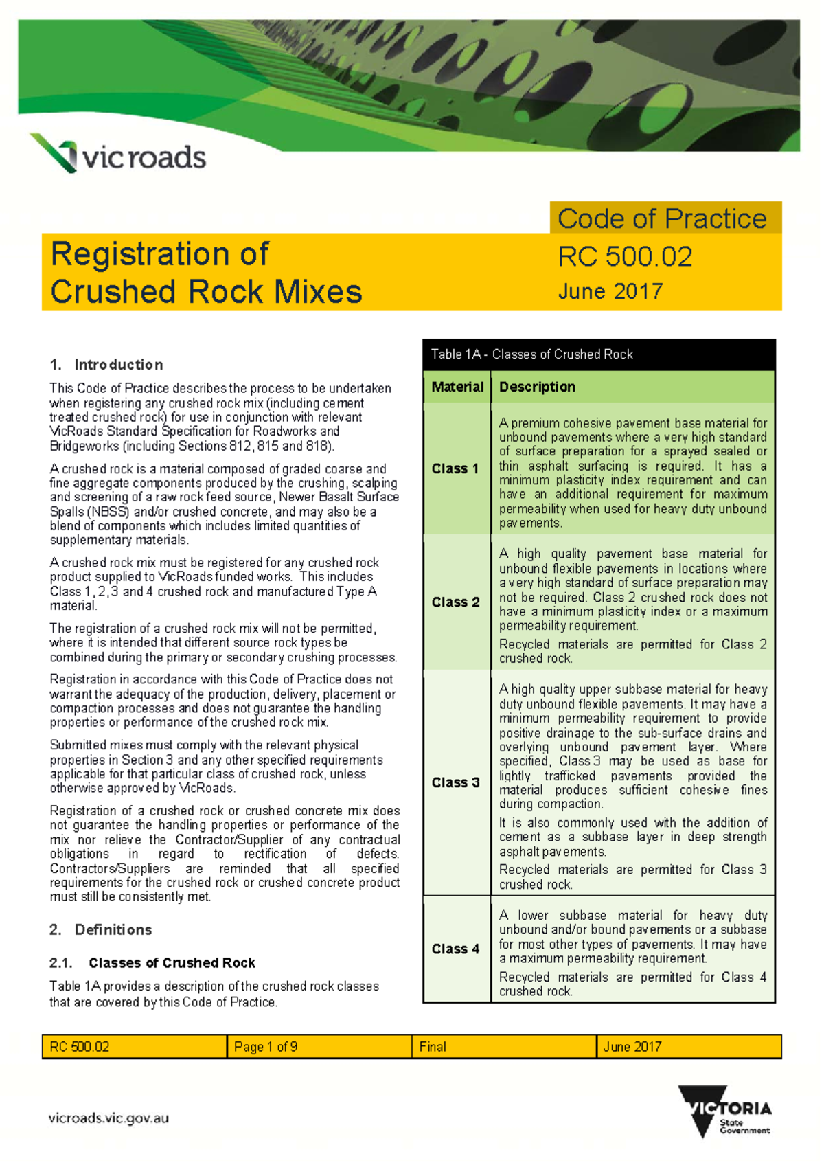 Code of Practice RC 50002 Registration of Crushed Rock Mix Designs ...