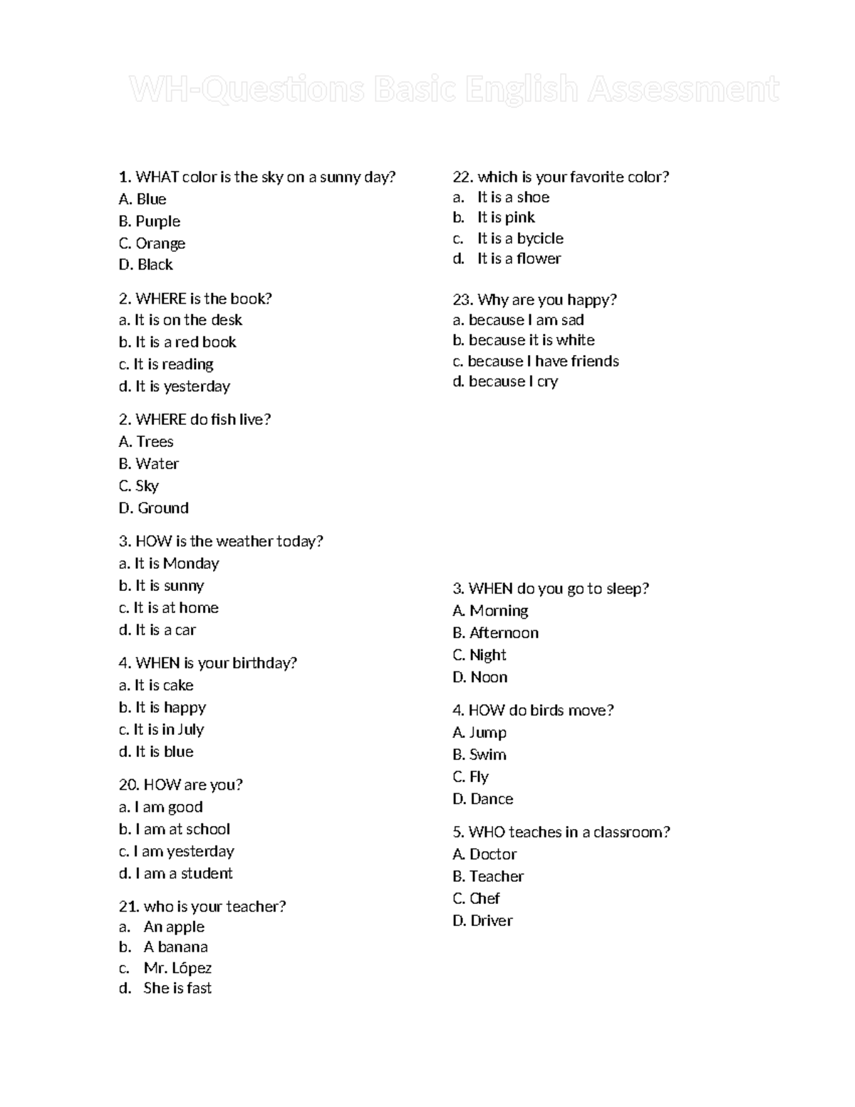 Basic English Assessment 1: WH-words Quiz - Studocu