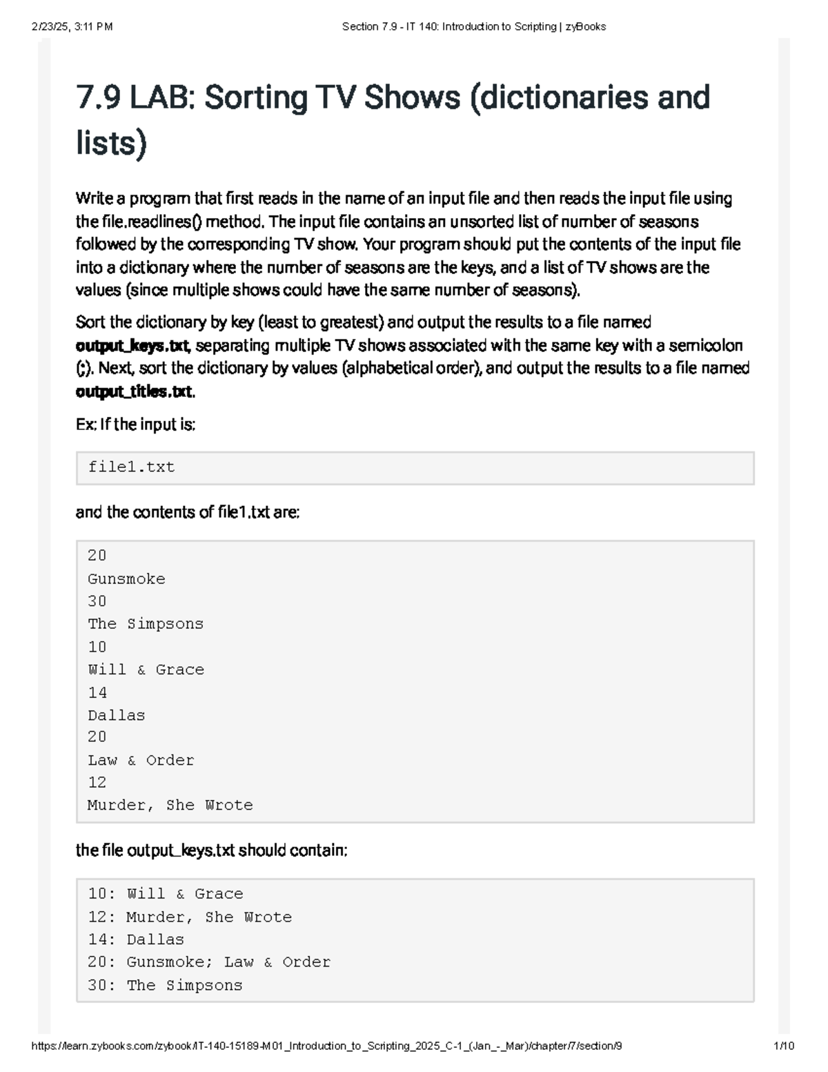 LAB 7.9: Sorting TV Shows Using Dictionaries and Lists - IT 140 - Studocu