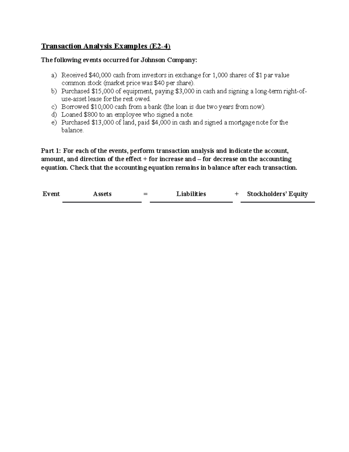 ACCT Chapter 2 - good - Transaction Analysis Examples (E2-4) The ...