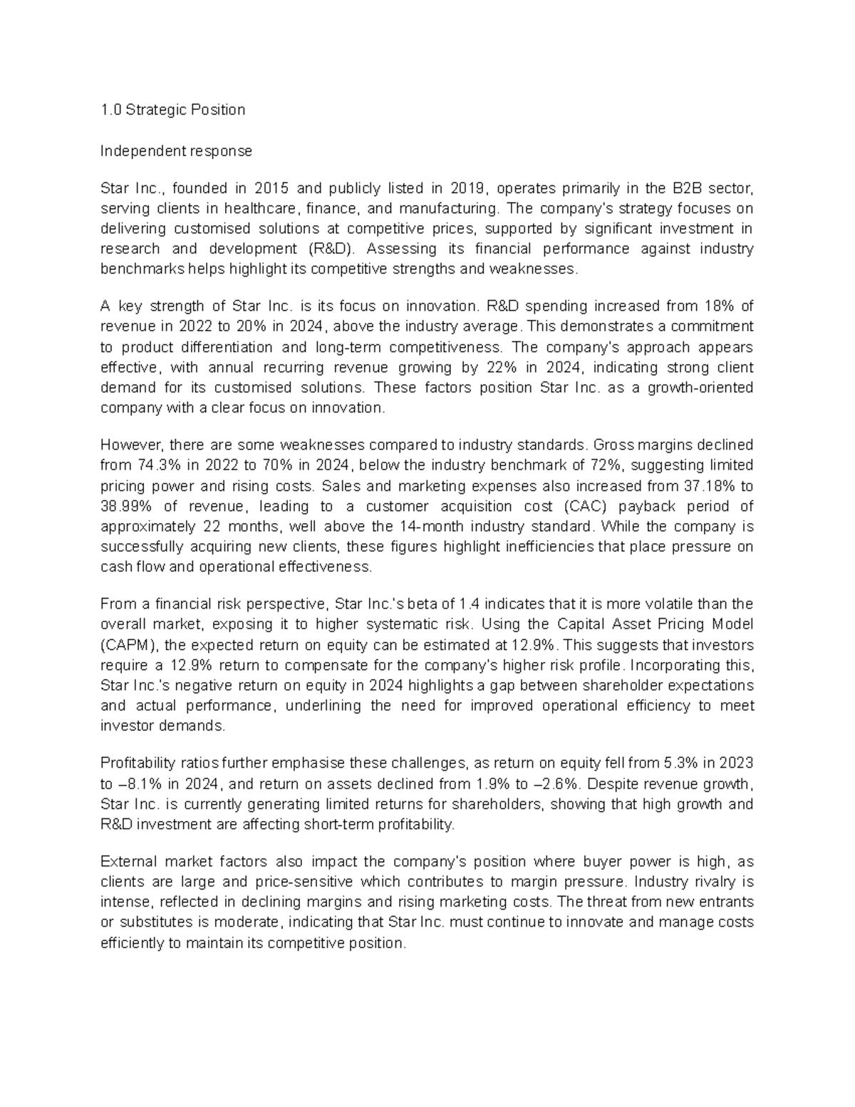 Financial Statement Analysis: Strategic Position of Star Inc. (Course ...