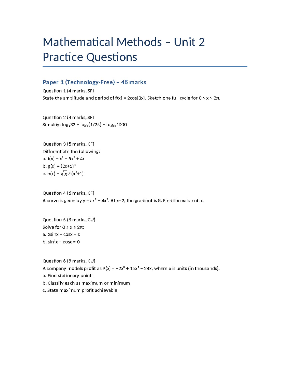 Unit 2 Math Methods Practice Exam Questions and Solutions - Studocu