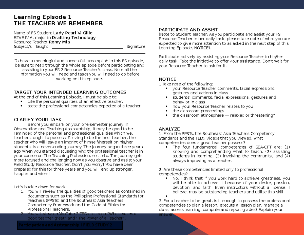 Field Study II: Insights from Learning Episodes 1-3 on Teaching ...