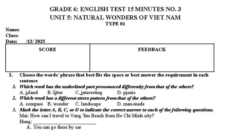 G6: ENGLISH TEST 15 MINUTES NO. 3 - UNIT 5: NATURAL WONDERS - Studocu