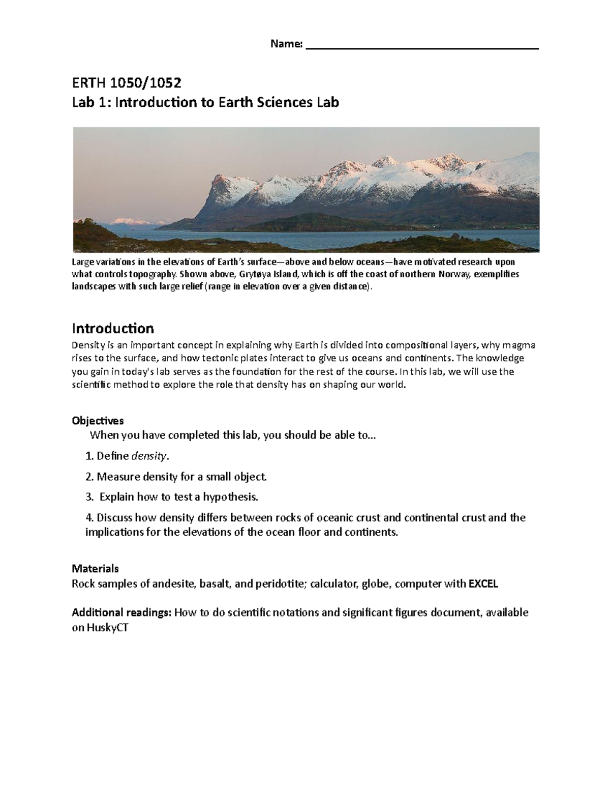 ERTH1052 Lab 1 Intro Earth Sci worksheet Students - Name