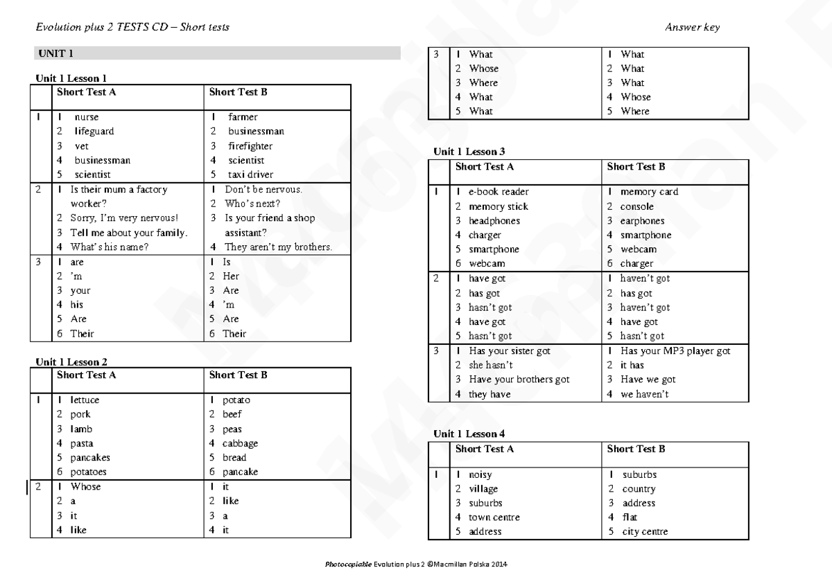 Angielski - UNIT 1 Unit 1 Lesson 1 Short Test A Short Test B 1 1 nurse ...