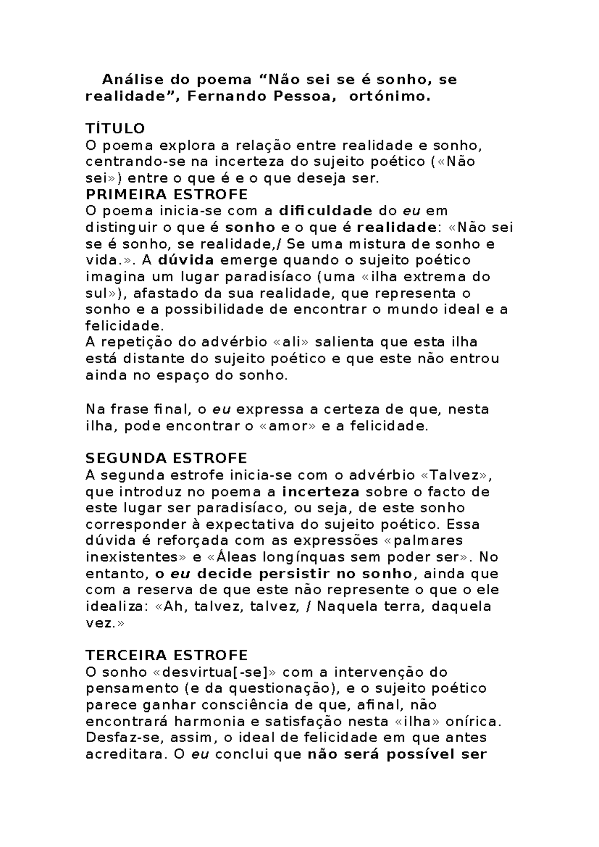 Análise do Poema de Fernando Pessoa: "Não sei se é sonho" - Studocu
