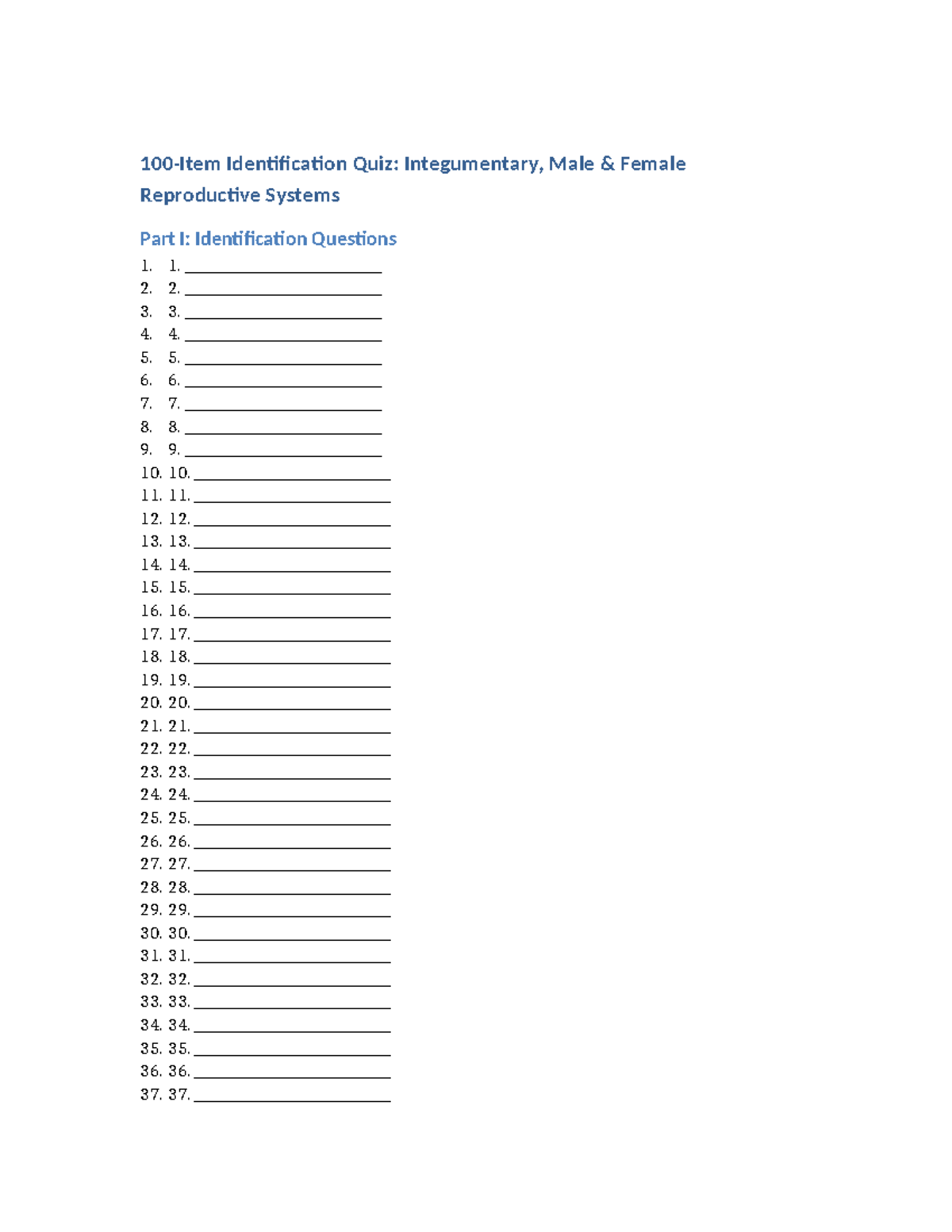 100-Item Identification Quiz - 1. _______________________________ 2. 2 ...