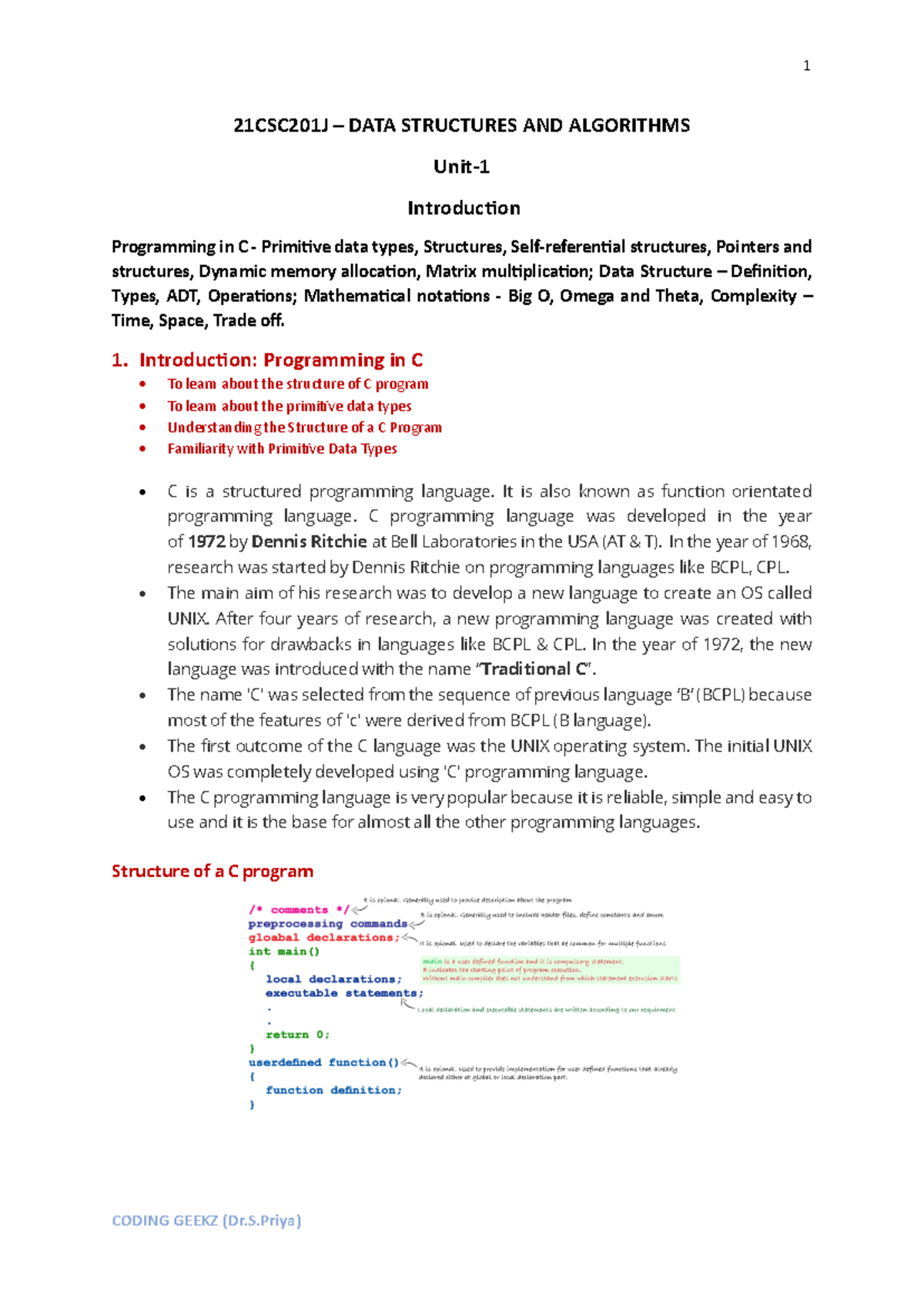 UNIT-1 21CSC201J - 21CSC201J – DATA STRUCTURES AND ALGORITHMS Unit- 1 Introduction Programming ...