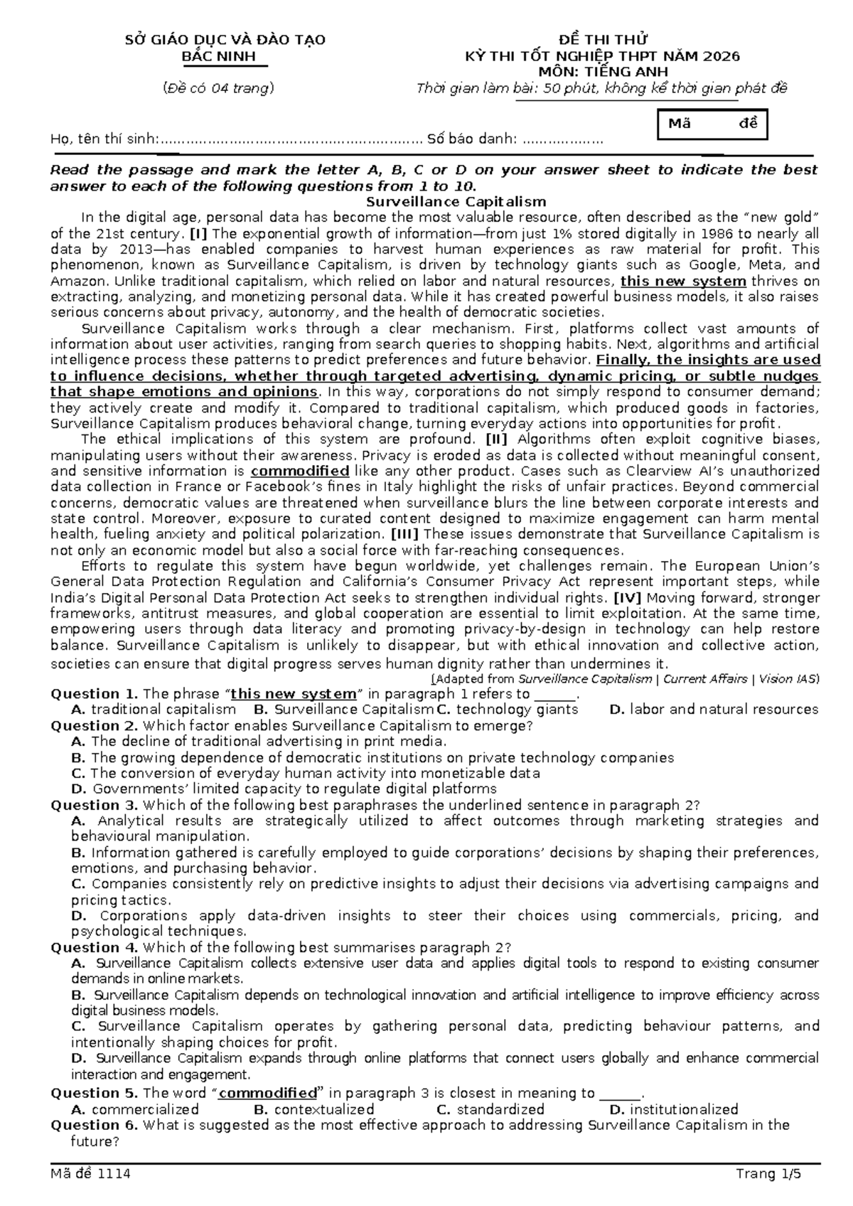 ĐỀ THI THỬ TỐT NGHIỆP THPT NĂM 2026 - MÃ ĐỀ 1114 - Studocu