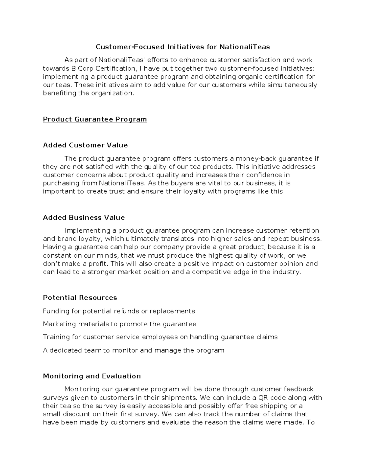 6-3 Assignment: Adding Customer Value - Customer-Focused Initiatives for NationaliTeas As part ...