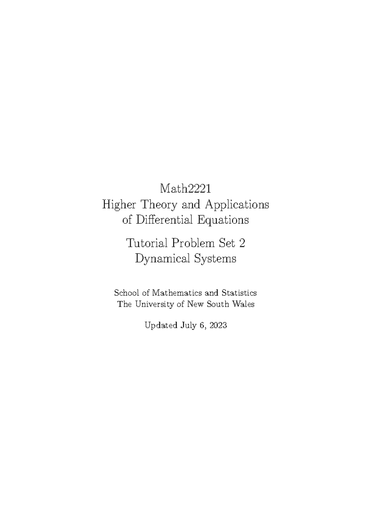 Math2221: Differential Equations Tutorial Problem Set 2 - Dynamical ...