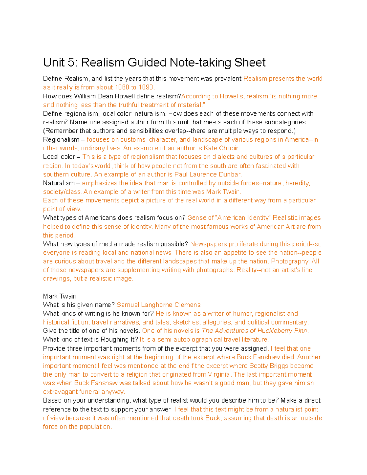 Unit 5 Realism Guided Notes: Overview of Key Concepts and Authors - Studocu