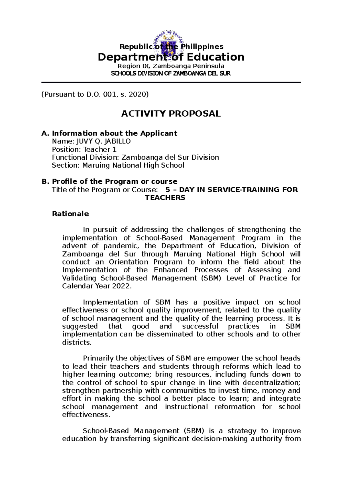 Activity Proposal for SBM JHS Training Program: January 2022 - Studocu