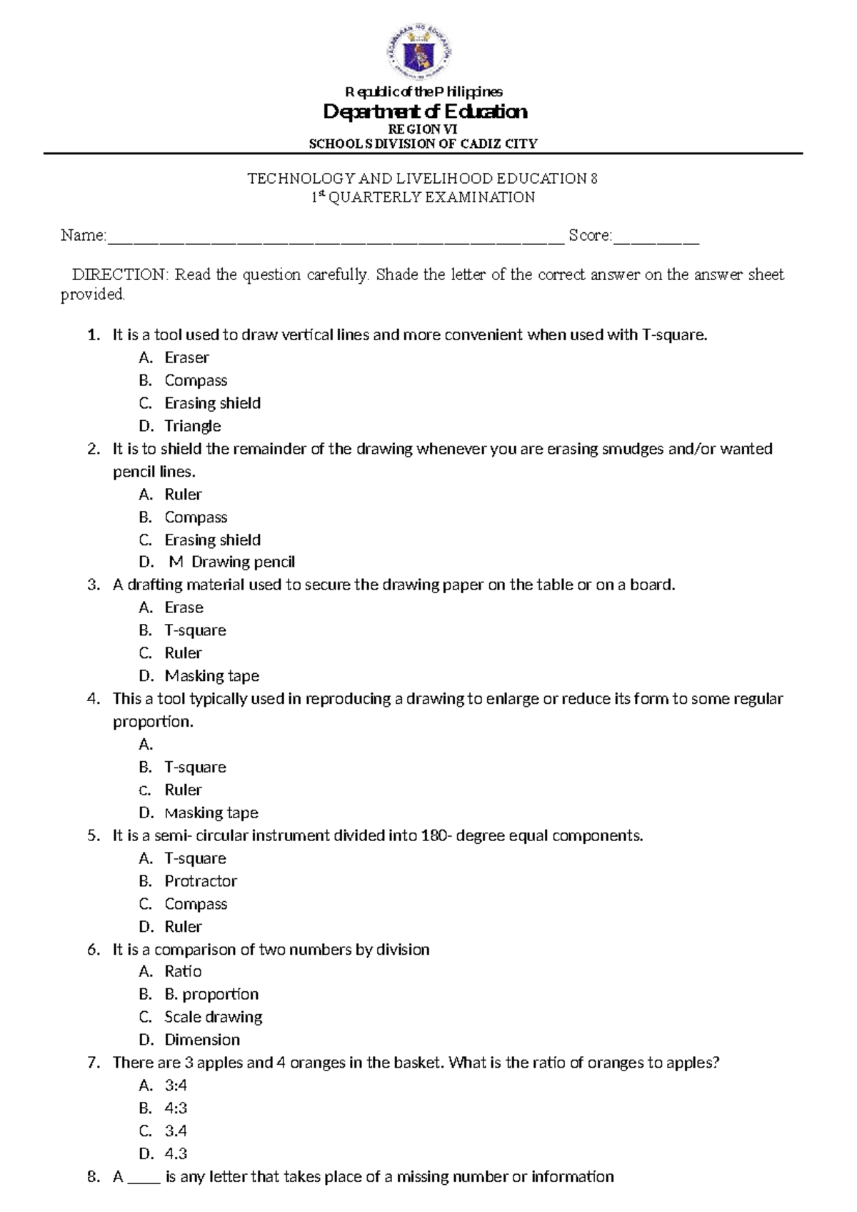 TLE 8 1st Quarterly Exam: Technology and Livelihood Education - Studocu