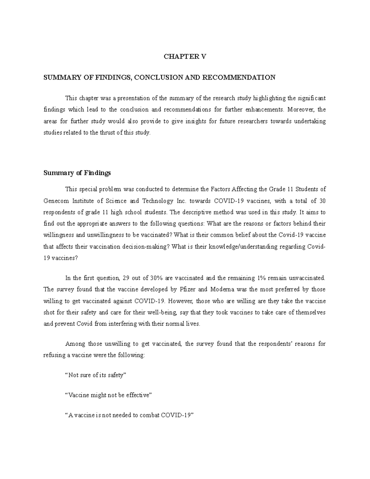 Chapter V - Summary, Conclusions & Recommendations on Grade 11 COVID-19 ...