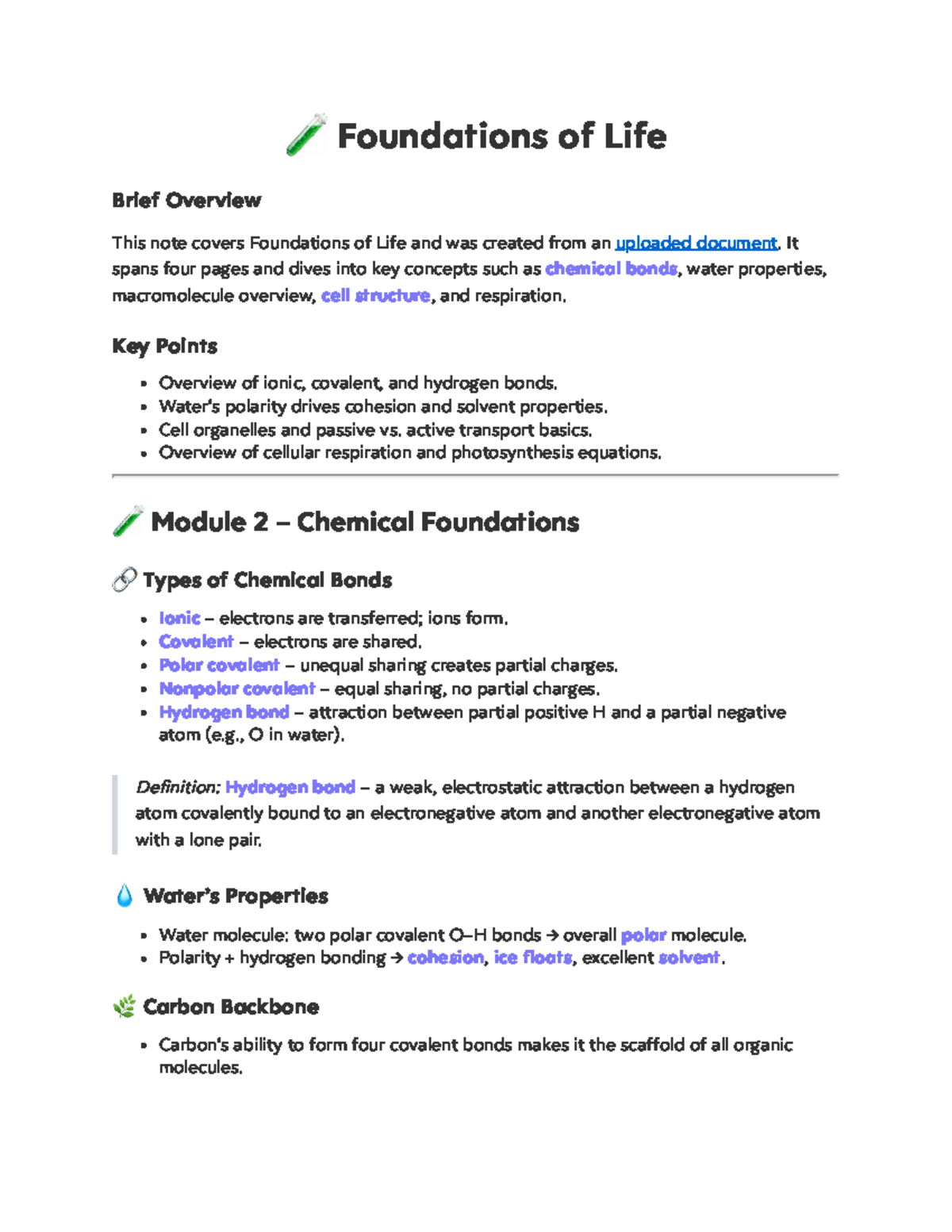 Foundations of Life: Key Concepts in Biology - Studocu
