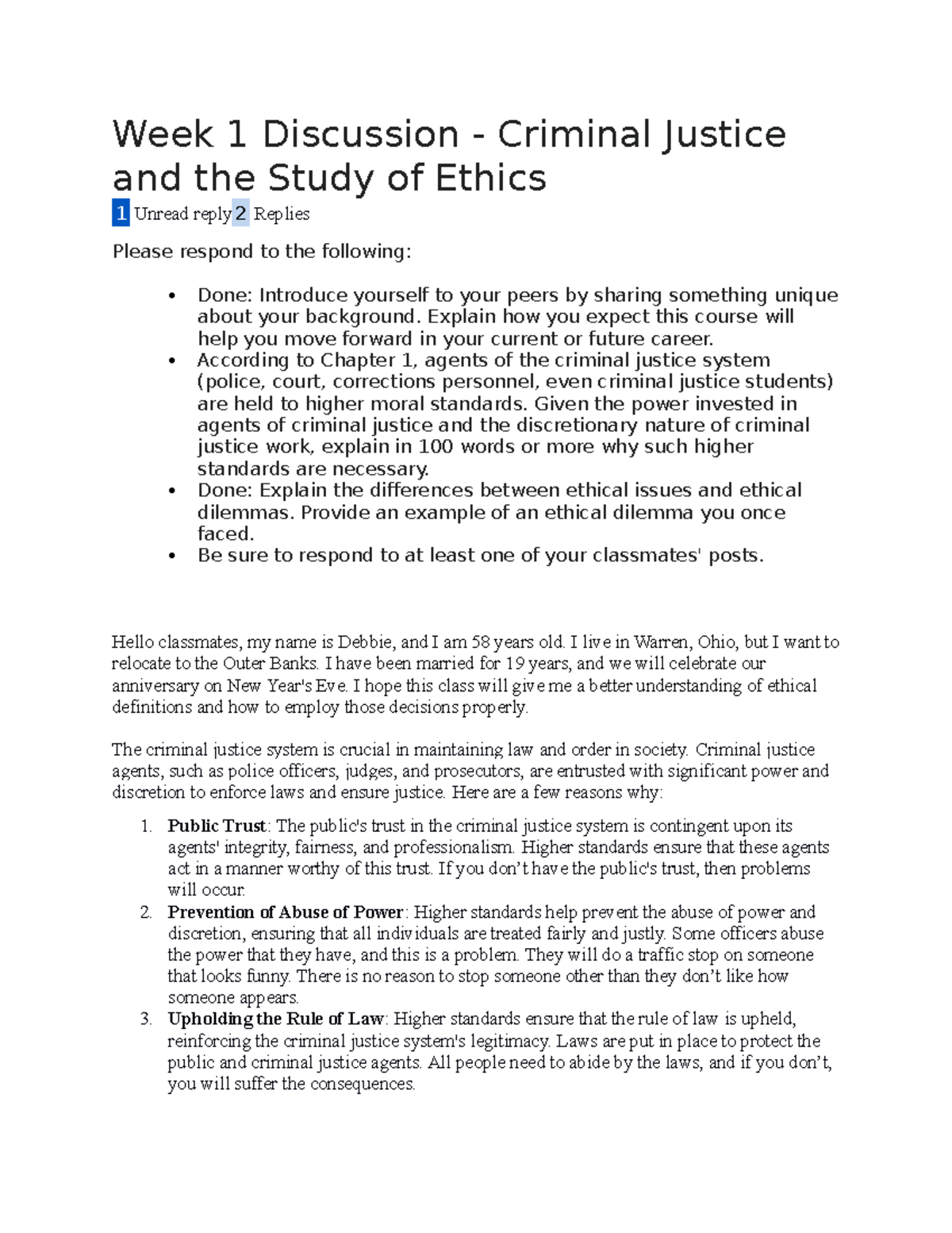 Week 1 Discussion: Ethics in Criminal Justice (CJ 101) - Studocu