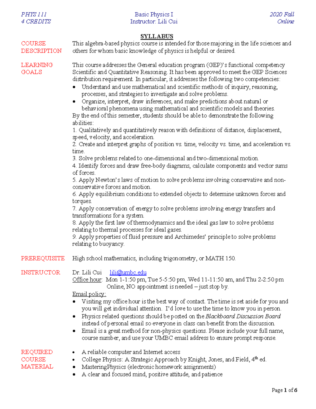 PHYS 111 Basic Physics I Syllabus - PHYS 111 4 CREDITS Basic Physics I ...