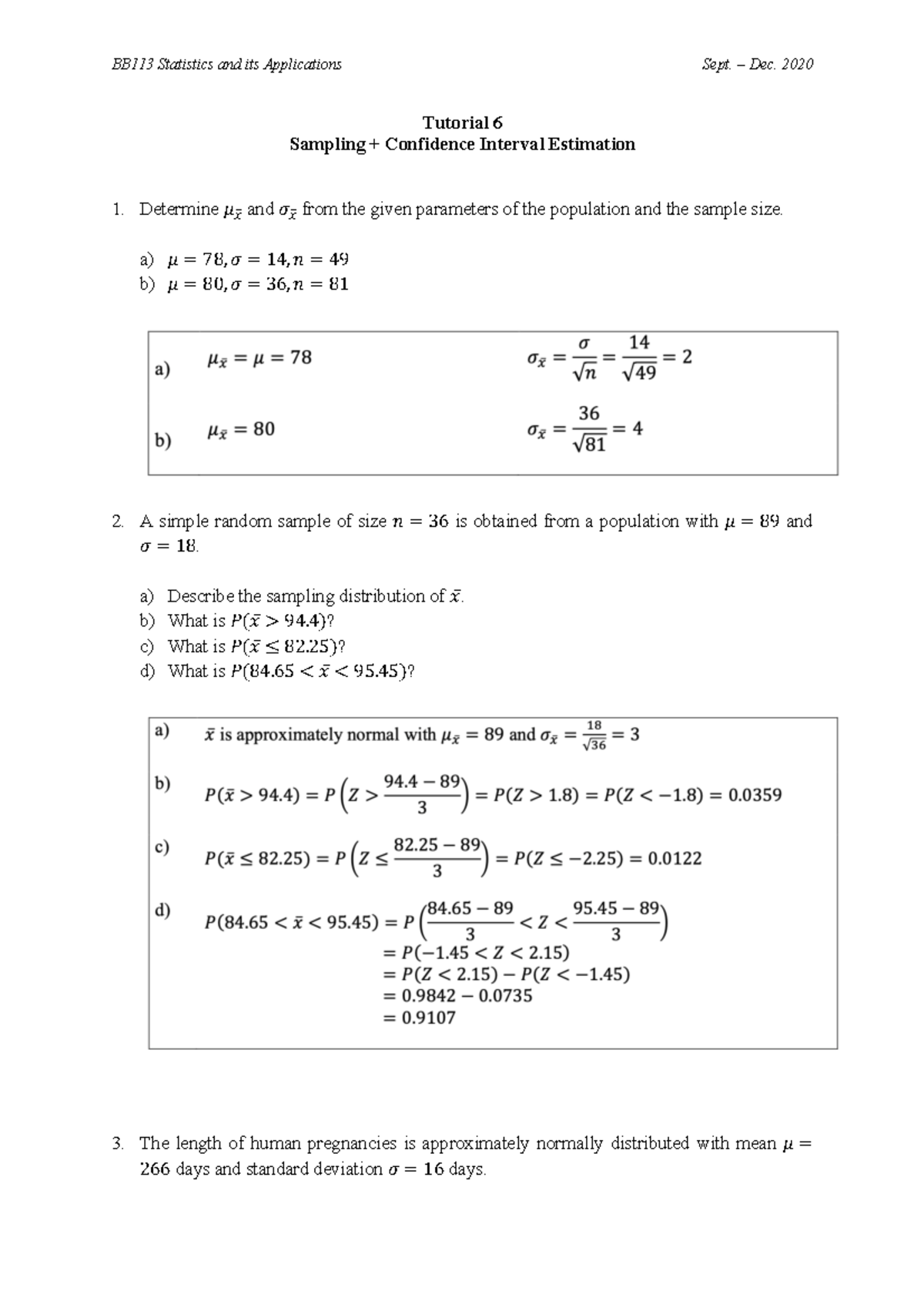 Tutorial 6 Topic 6 Solution - Tutorial 6 Sampling + Confidence Interval ...