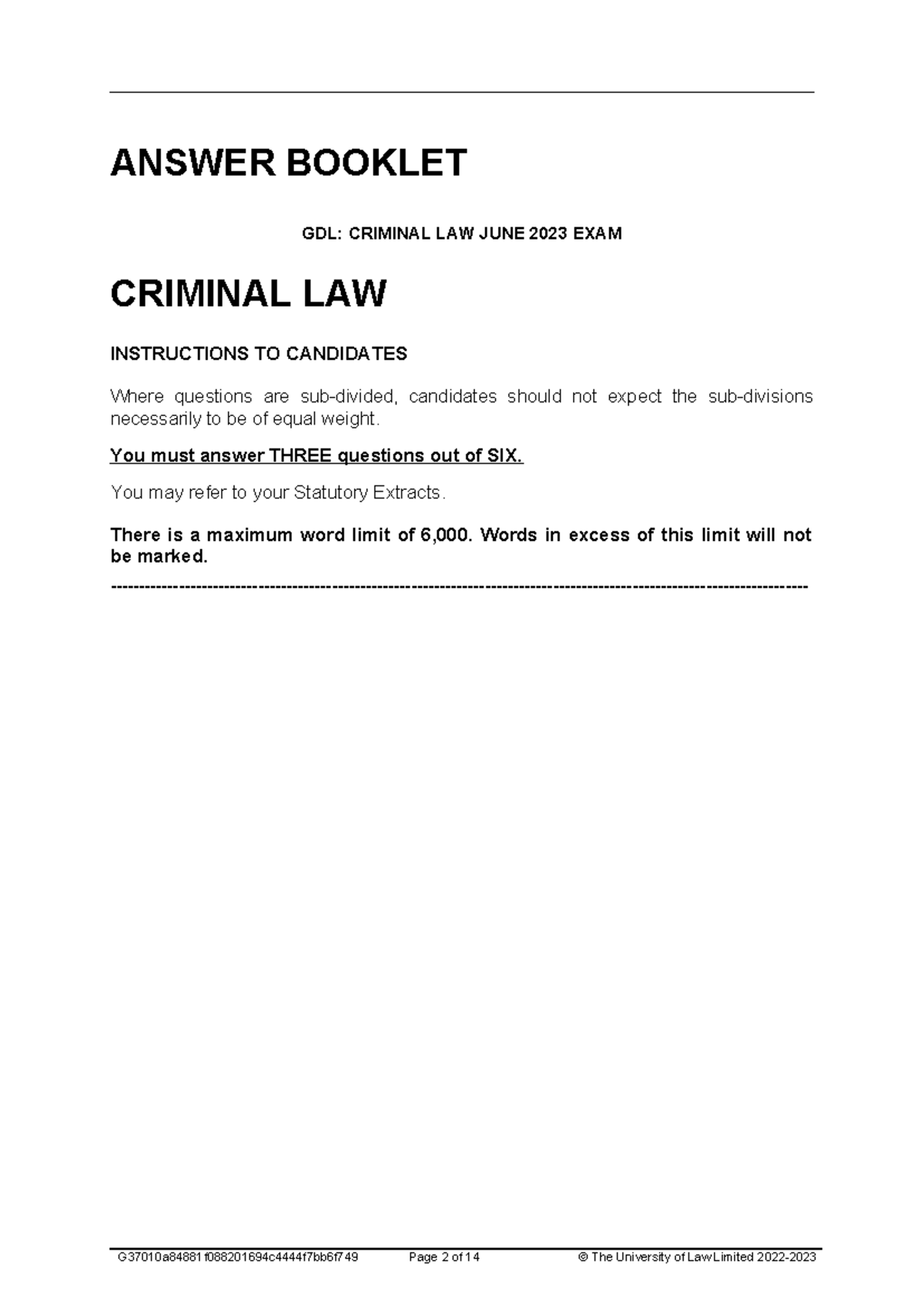 Criminal LAW EXAM Paper 2023 - ANSWER BOOKLET GDL: CRIMINAL LAW JUNE ...