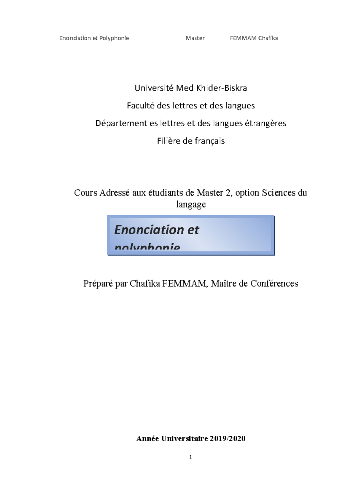 Cours Master 2 - Enonciation et Polyphonie en Linguistique - Studocu