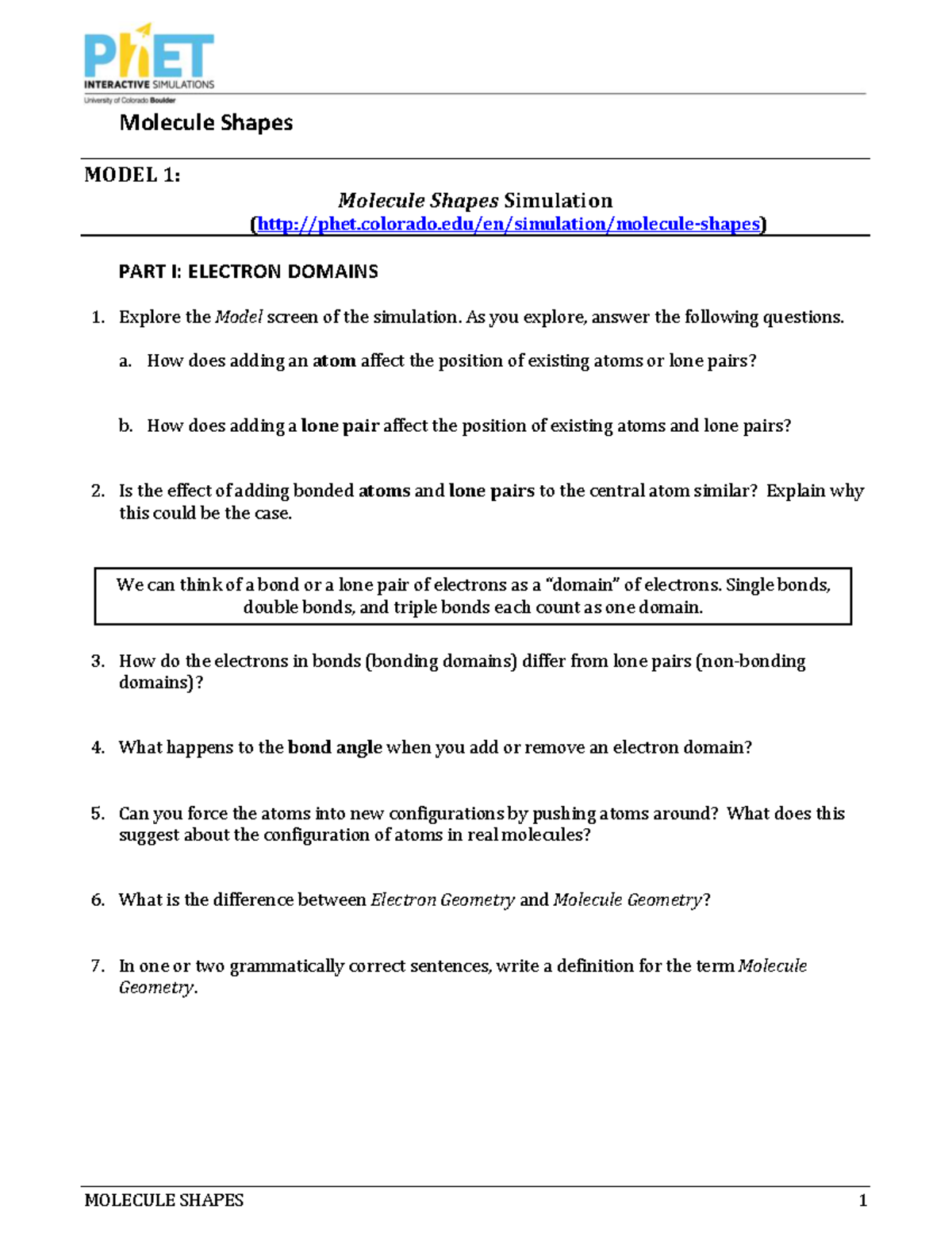 Molecule Shapes Simulation: Student Handout for Model 1 - Studocu