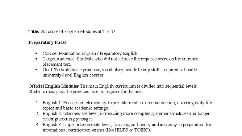 TDTU Foundation English Curriculum Structure Overview - Studocu