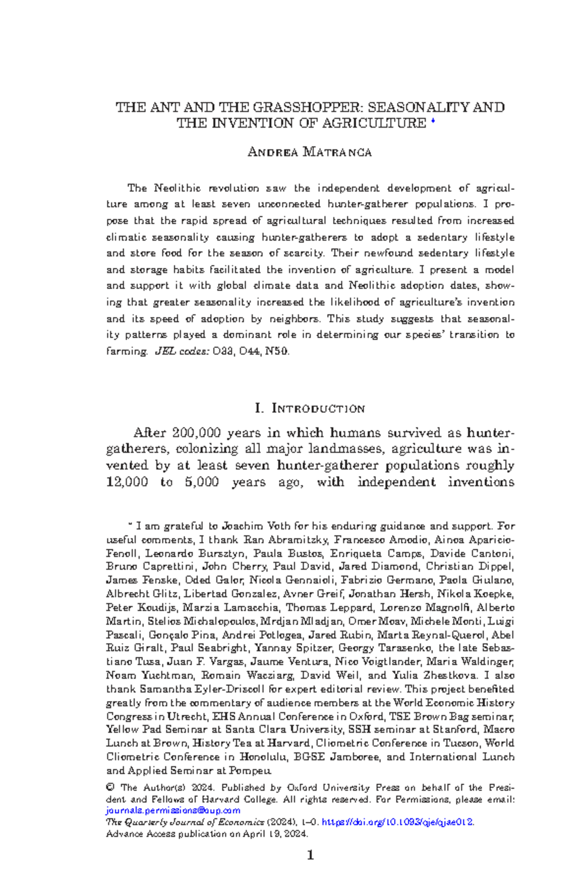 Seasonality and the Invention of Agriculture: Insights from the ...