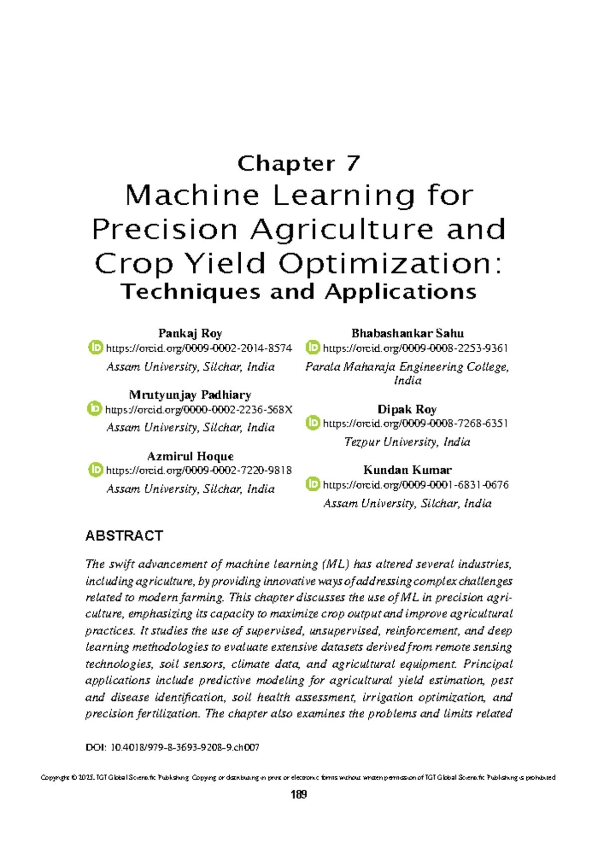 Chapter 7: Machine Learning Techniques for Precision Agriculture (AGRI ...