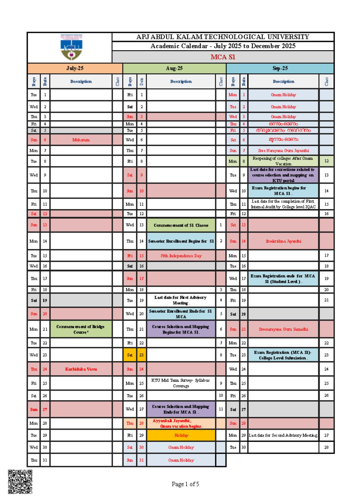 APJ ABDUL KALAM TECHNOLOGICAL UNIVERSITY Academic Calendar for MCA S1 ...