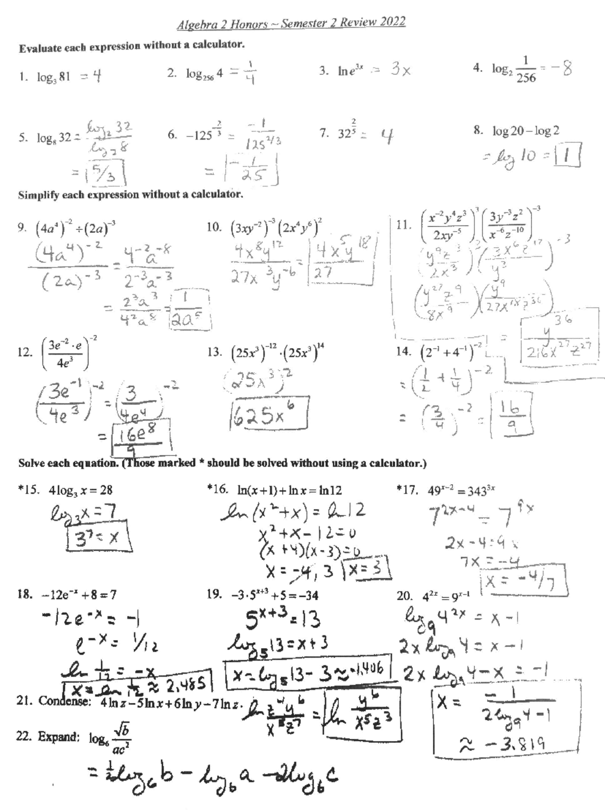 Algebra 2 Honors Final Exam Review 2022: Comprehensive Solutions - Studocu