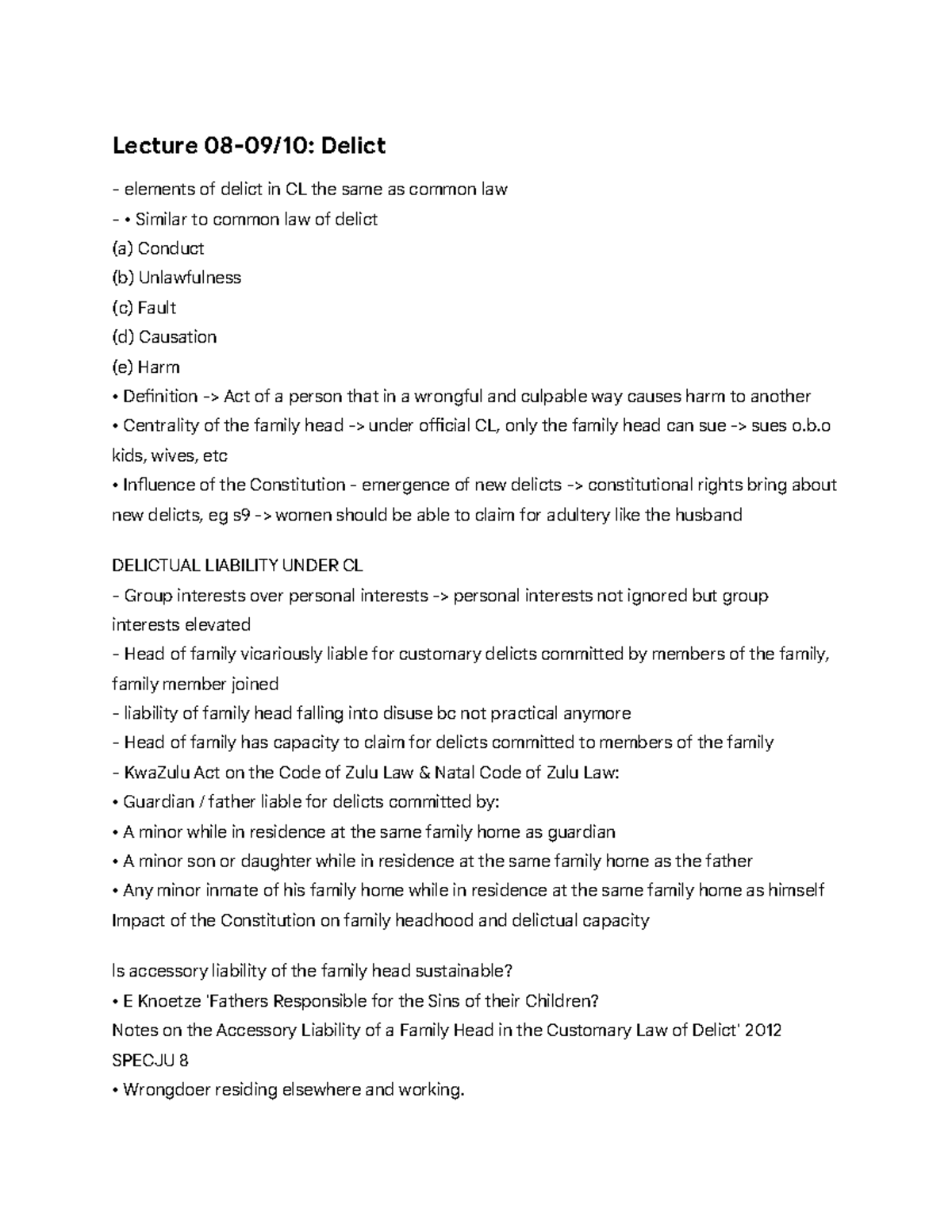 Customary Law of Delict: Key Elements and Implications in CL - Studocu