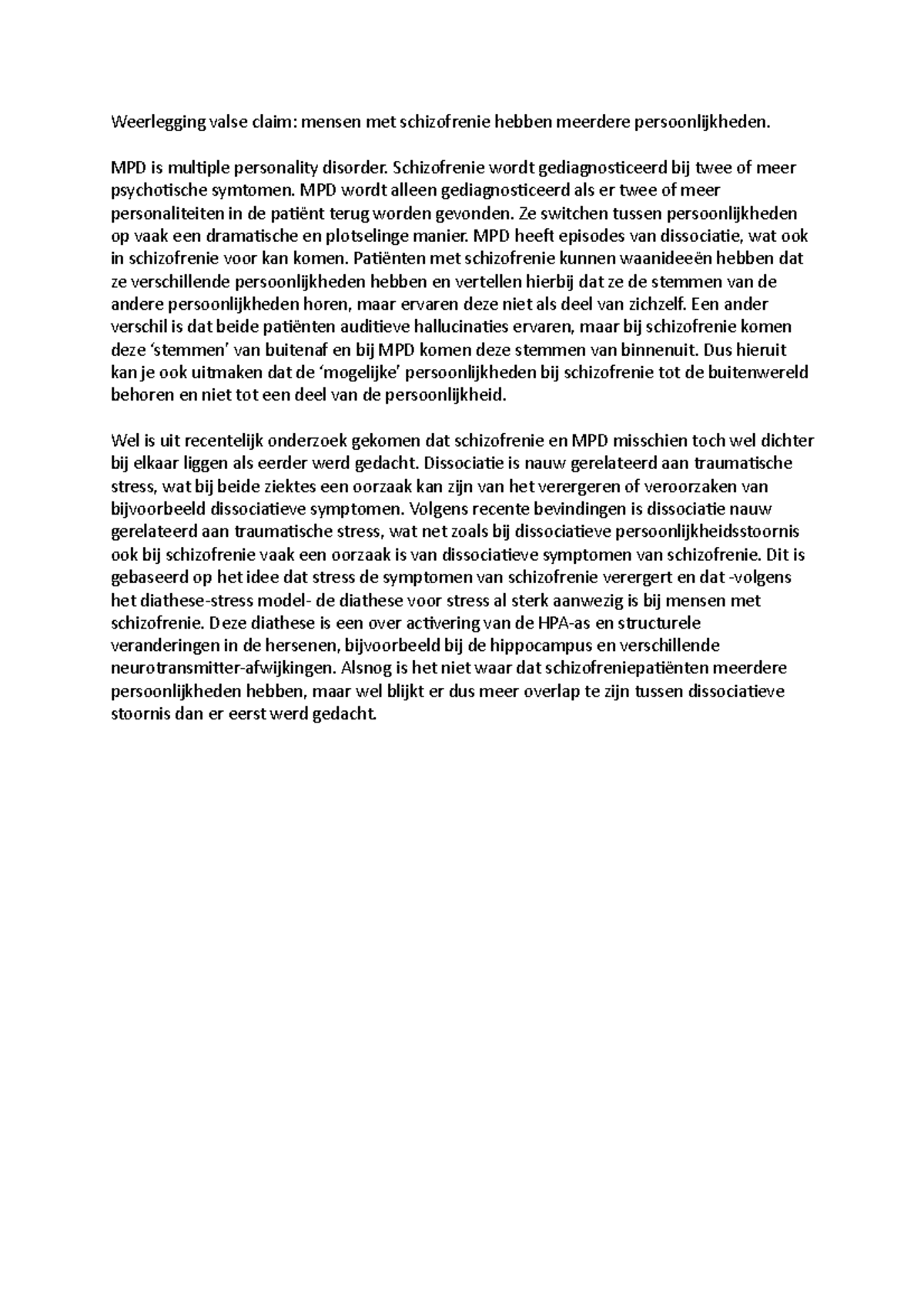 Weerlegging van de Valse Claim over Schizofrenie en MPD - Studeersnel