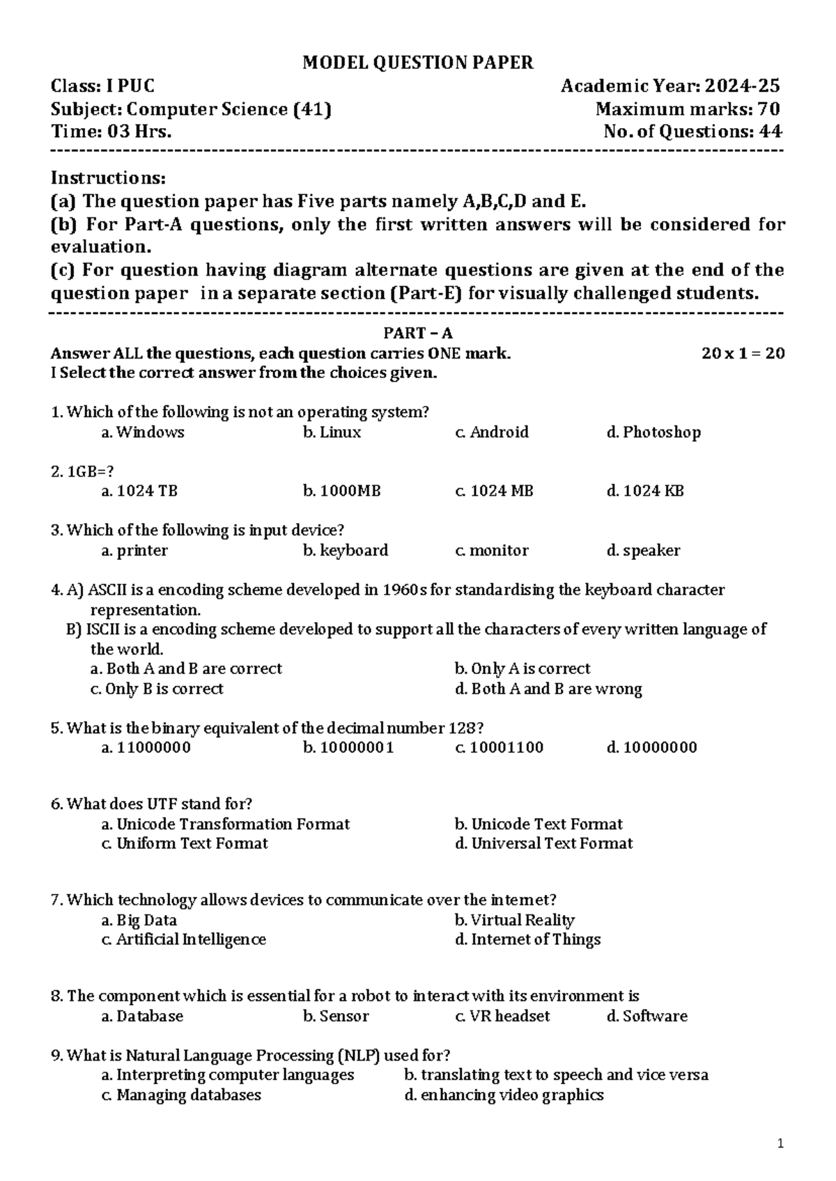 1st PU CS Model Question Paper (41) - Academic Year 2023 - Studocu