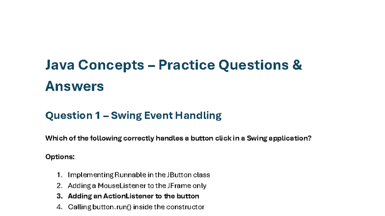 Java Concepts Practice Questions & Answers - Part 5 - Studocu